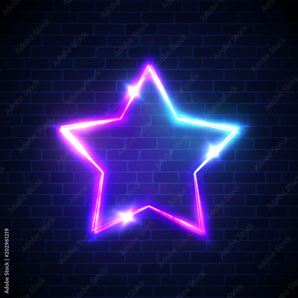 Abstract star neon signage. Techno glowing electric game frame on dark ...