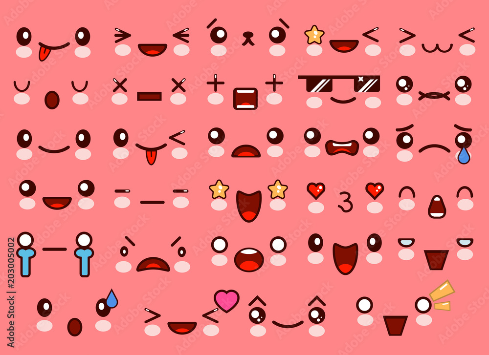 Kawaii cute smile emoticons and Japanese anime emoji faces expressions ...