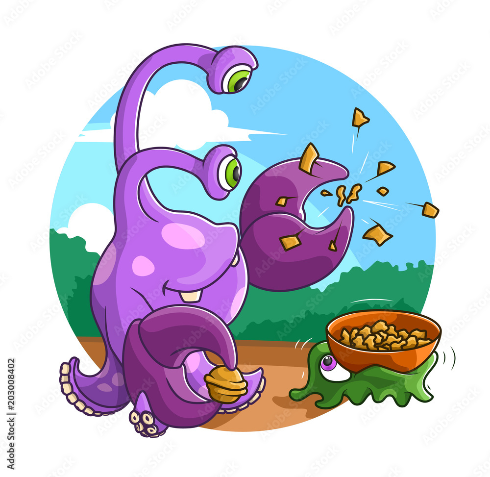Violet Crabtopus Monster and Green Slug are Cracking Nuts. A Colored ...