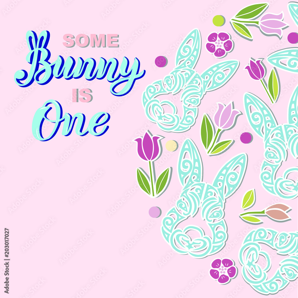 Some Bunny is One text is on background with rabbits. Handwritten ...