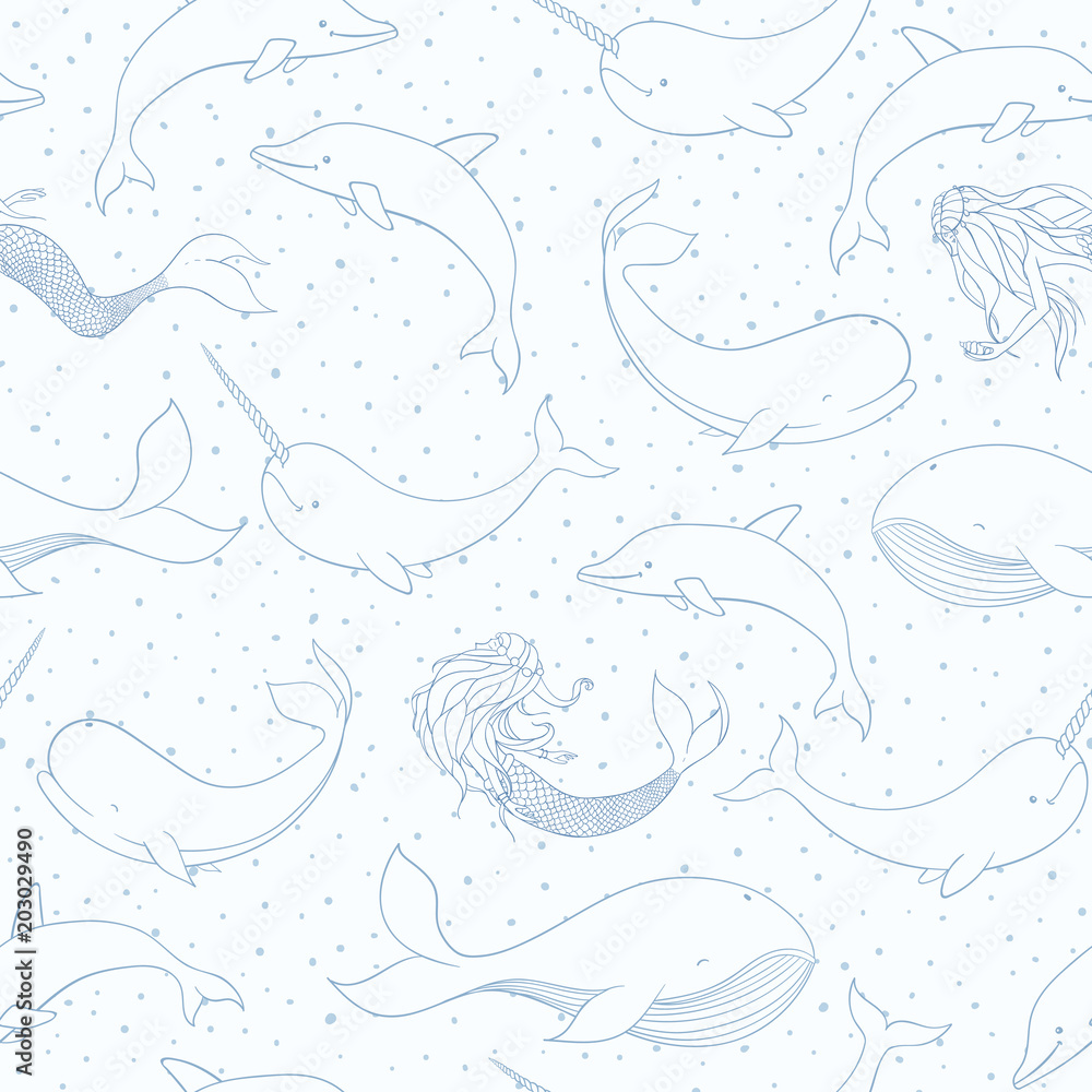 Vector seamless pattern with whales, mermaids, narwhals and dolphins ...