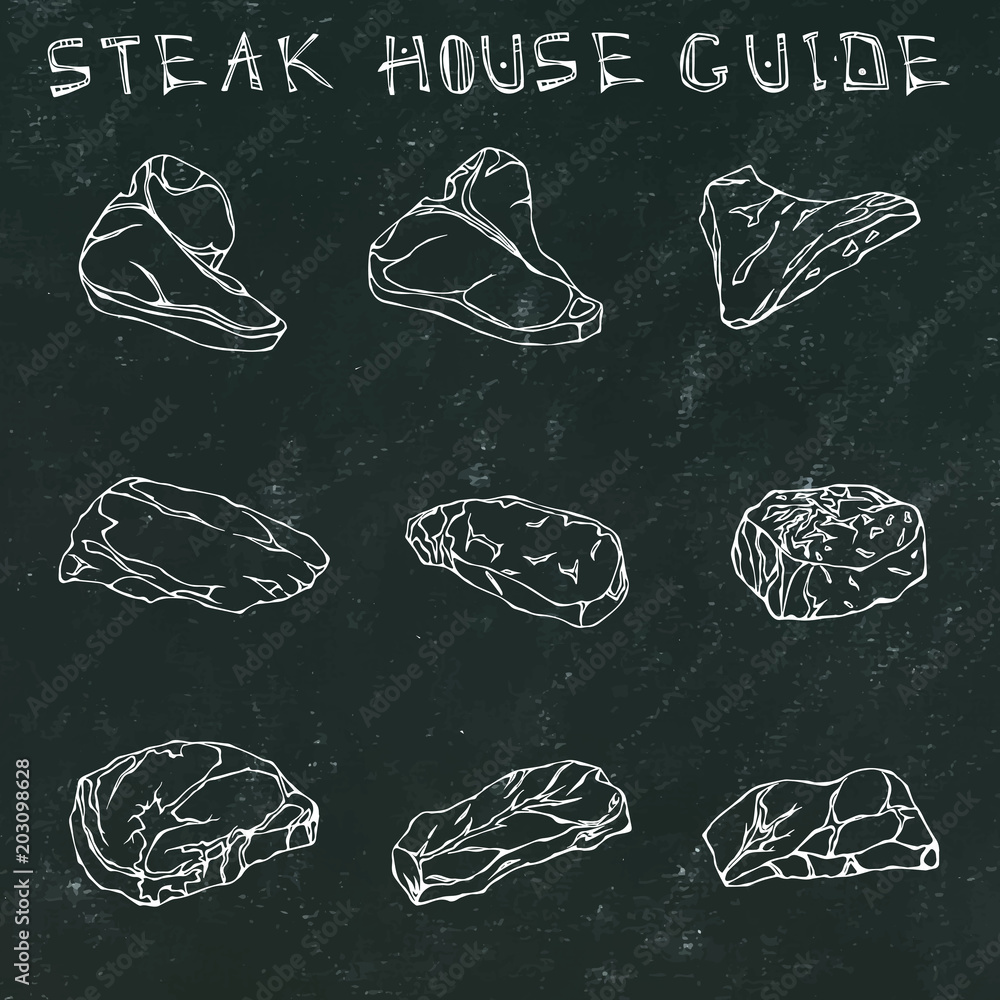 Black Chalk Board Background. Most Popular Steak Types Set. Beef Cuts ...