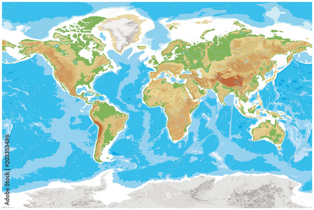 Physical map of Earth detailed topographic world Stock Vector | Adobe Stock