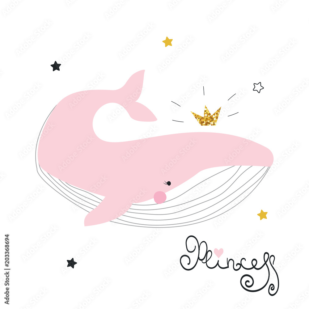 Sweet whale princess with crown and lettering. Fashion kids print ...