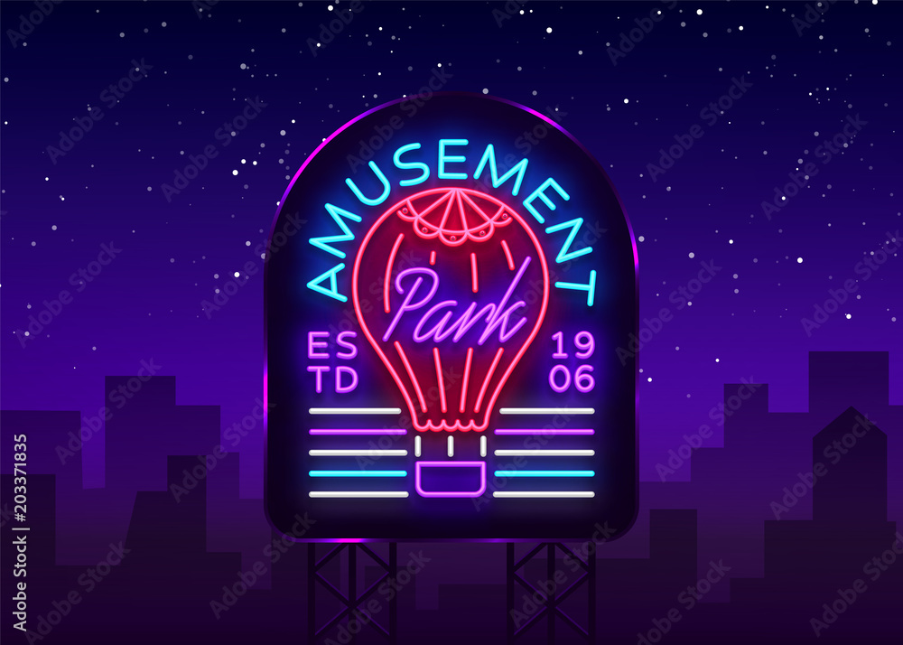 Amusement Park logo in neon style. Design template with a balloon. Neon ...