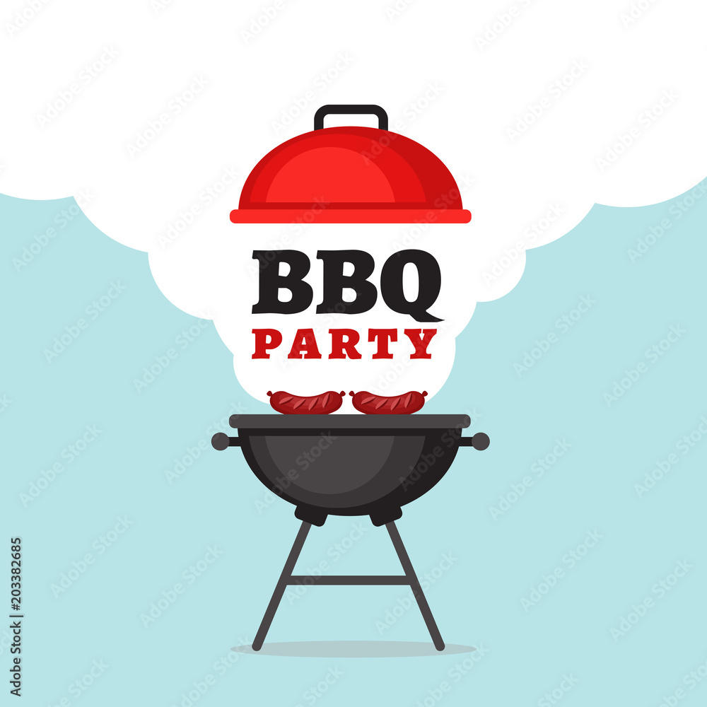 Bbq party background with grill and fire. Barbecue poster. Flat style ...