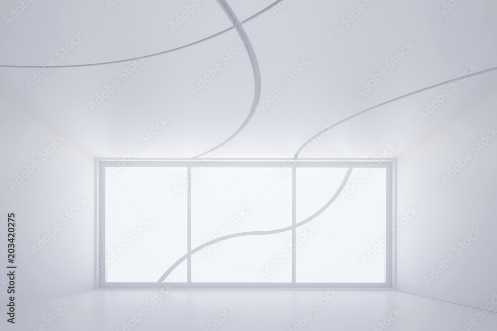 3d illustration. White interior of non existing building with round ...