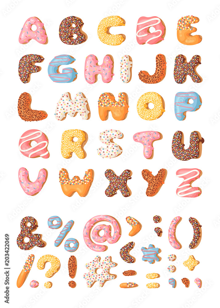 Cartoon vector illustration donut. Hand drawn font with sweet bun ...