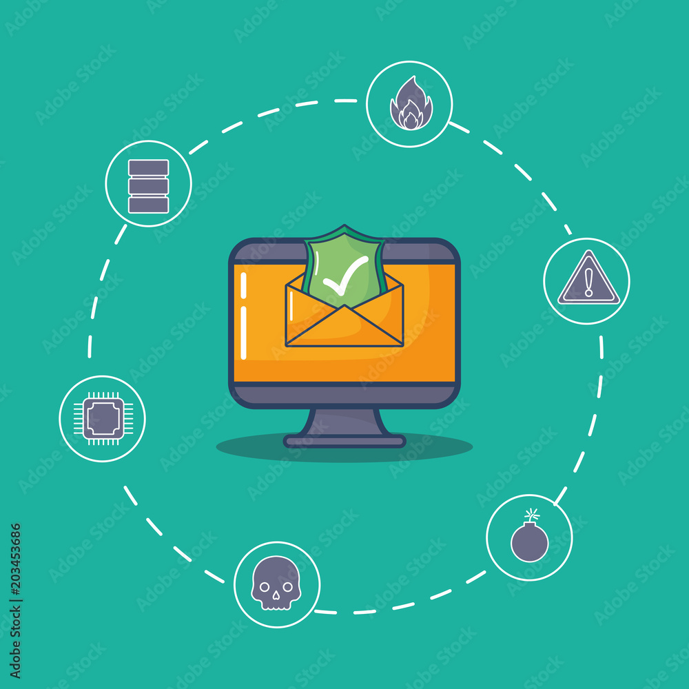 cyber security design with computer and related icons around over ...