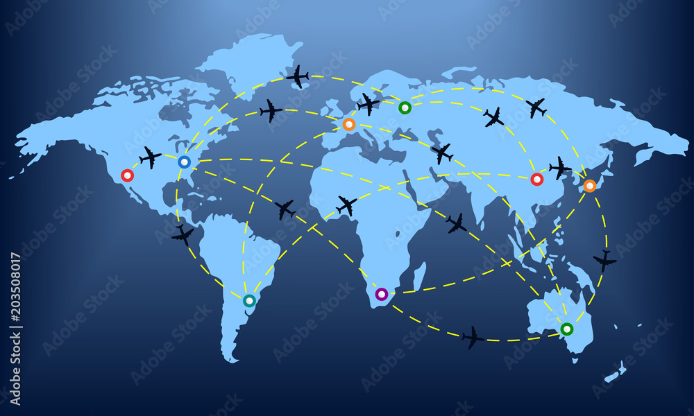 Plane routes over world map with markers or map pointers. Travel by ...