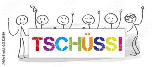 Tschüss und auf wiedersehen. Strichmännchen halten Plakat zur ... Tschüss und auf wiedersehen. Strichmännchen halten Plakat zur ...