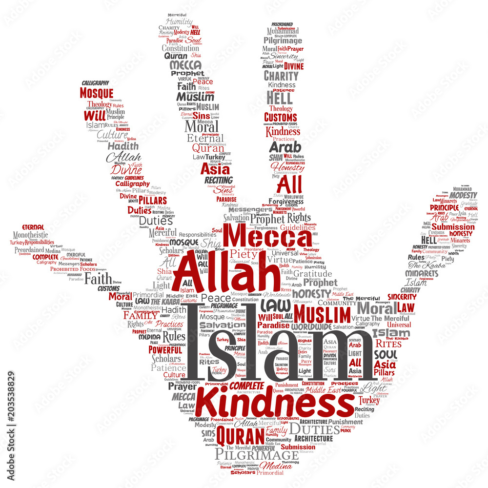 Vector conceptual islam, prophet, mosque hand print stamp word cloud ...