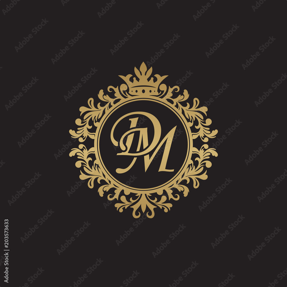 Initial letter DM, overlapping monogram logo, decorative ornament badge, elegant luxury golden ...