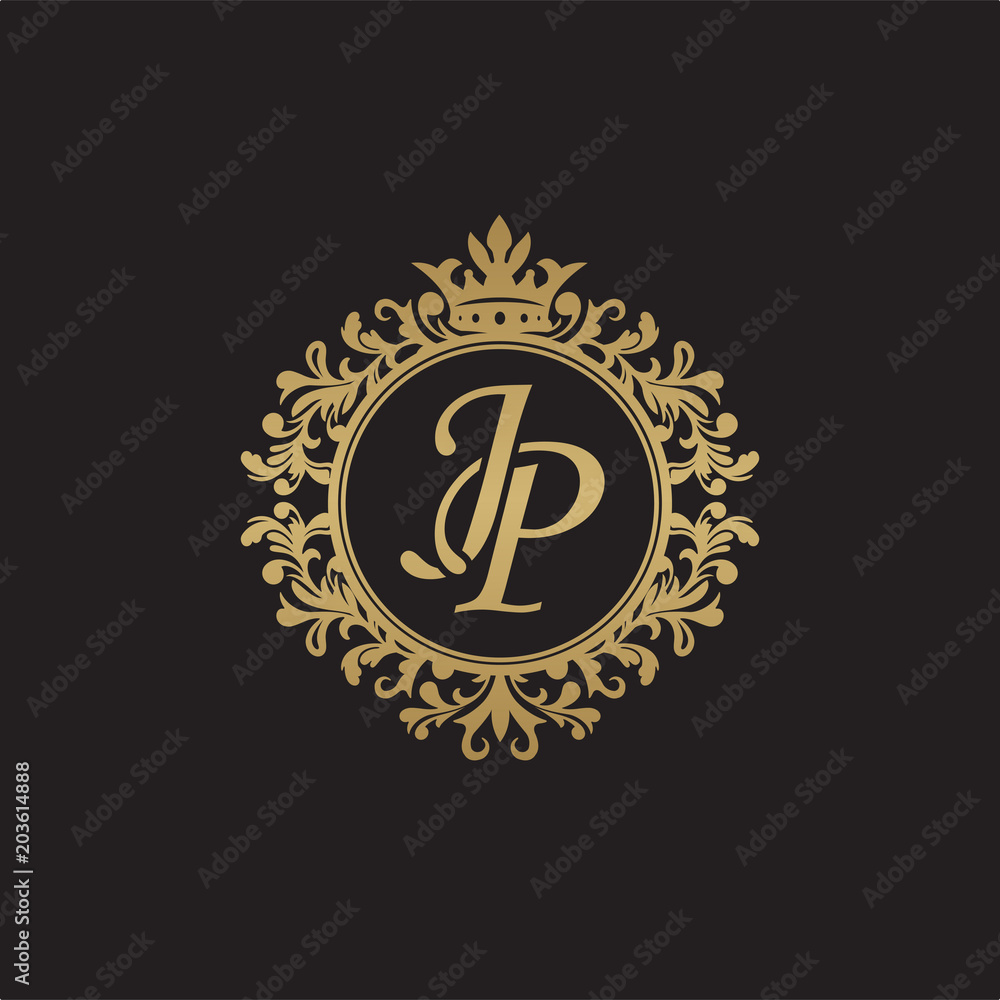 Initial letter JP, overlapping monogram logo, decorative ornament badge ...