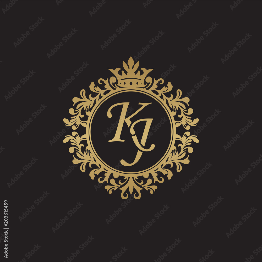 Initial letter KJ, overlapping monogram logo, decorative ornament badge ...