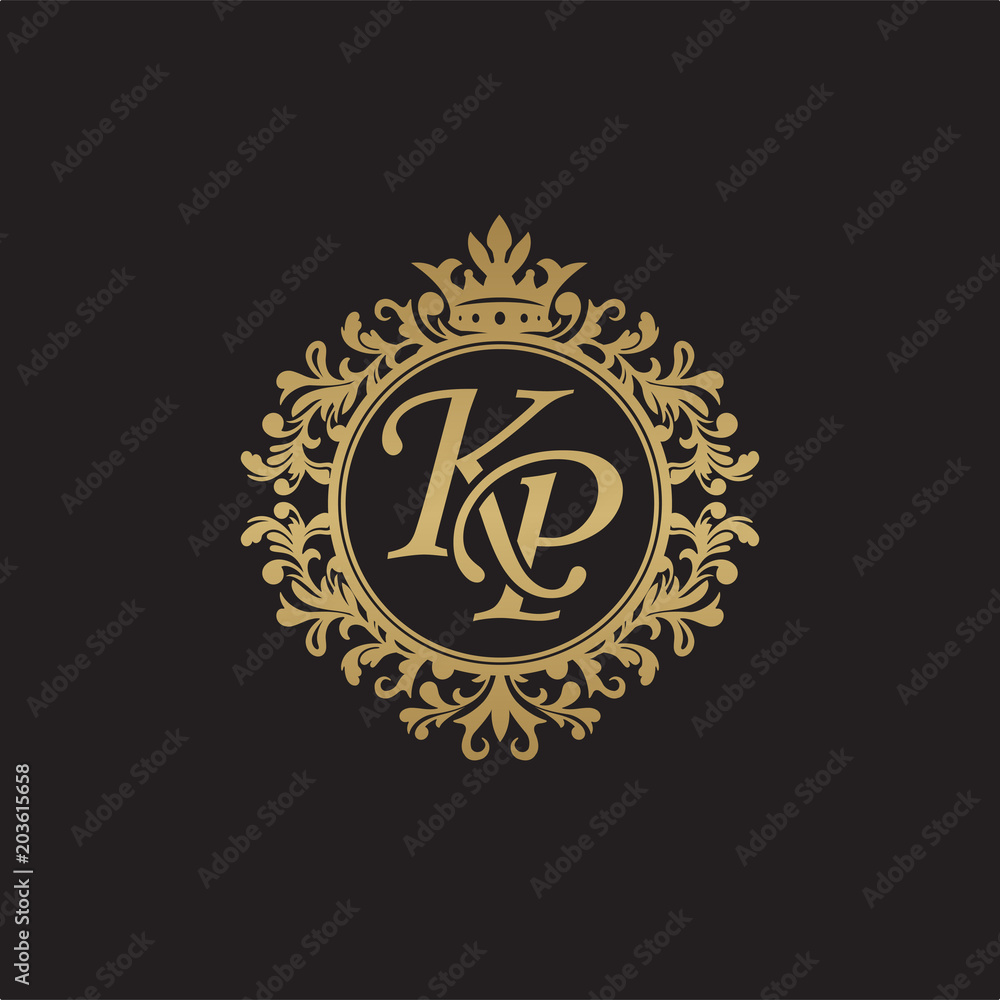 Initial letter KP, overlapping monogram logo, decorative ornament badge ...
