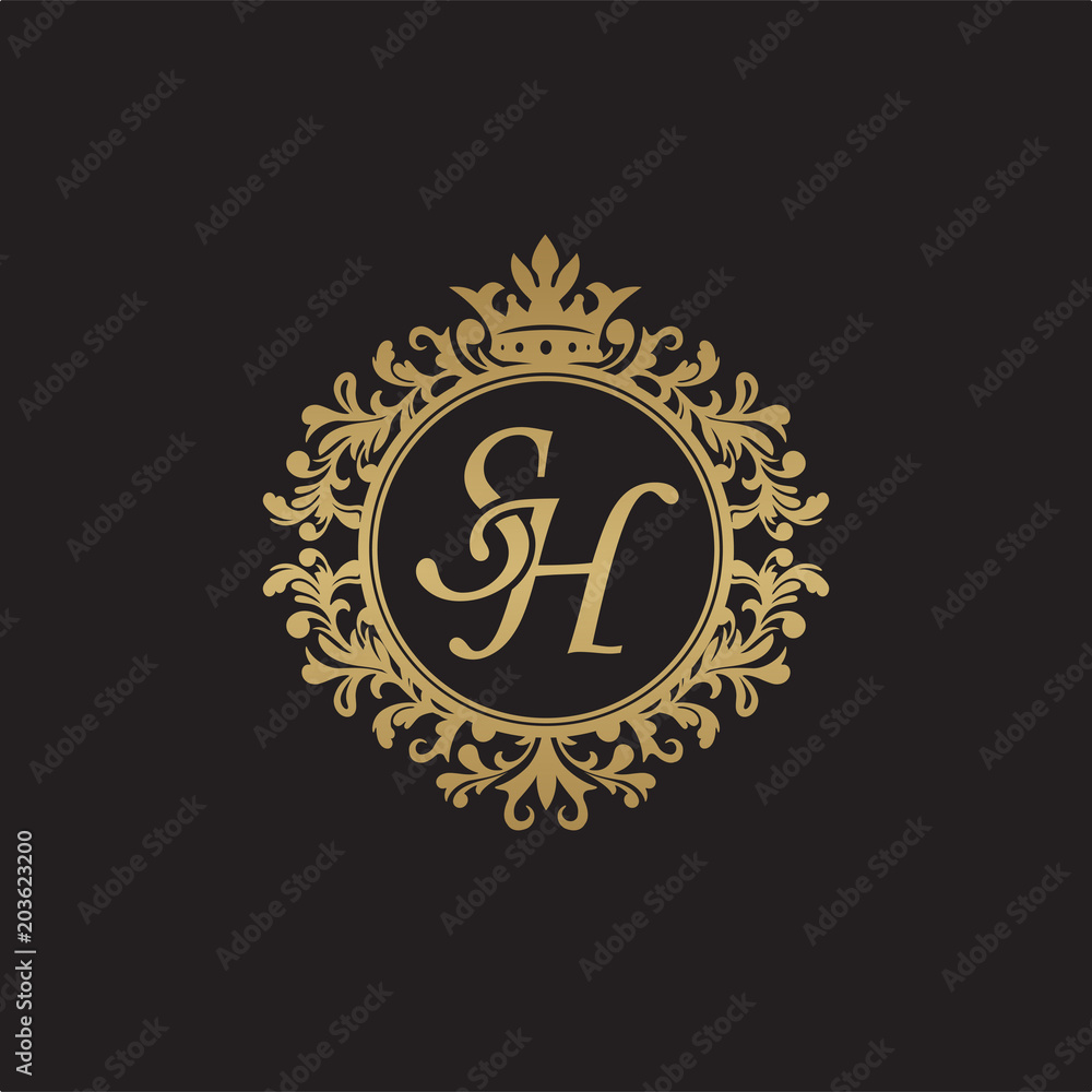 Initial letter SH, overlapping monogram logo, decorative ornament badge ...