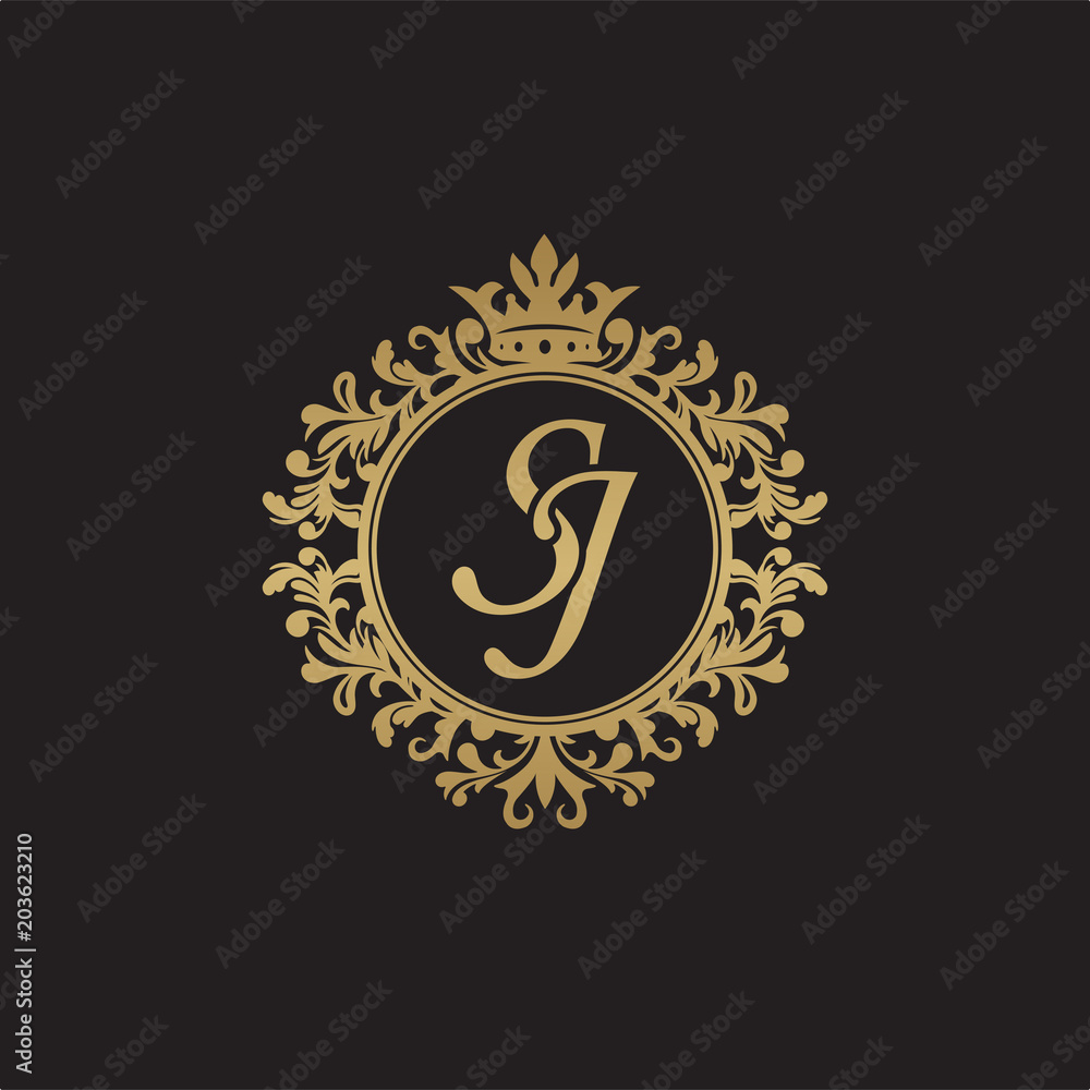 Initial letter SJ, overlapping monogram logo, decorative ornament badge ...