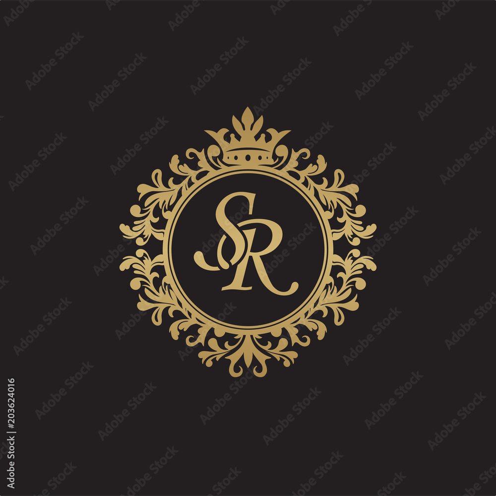 Initial letter SR, overlapping monogram logo, decorative ornament badge ...