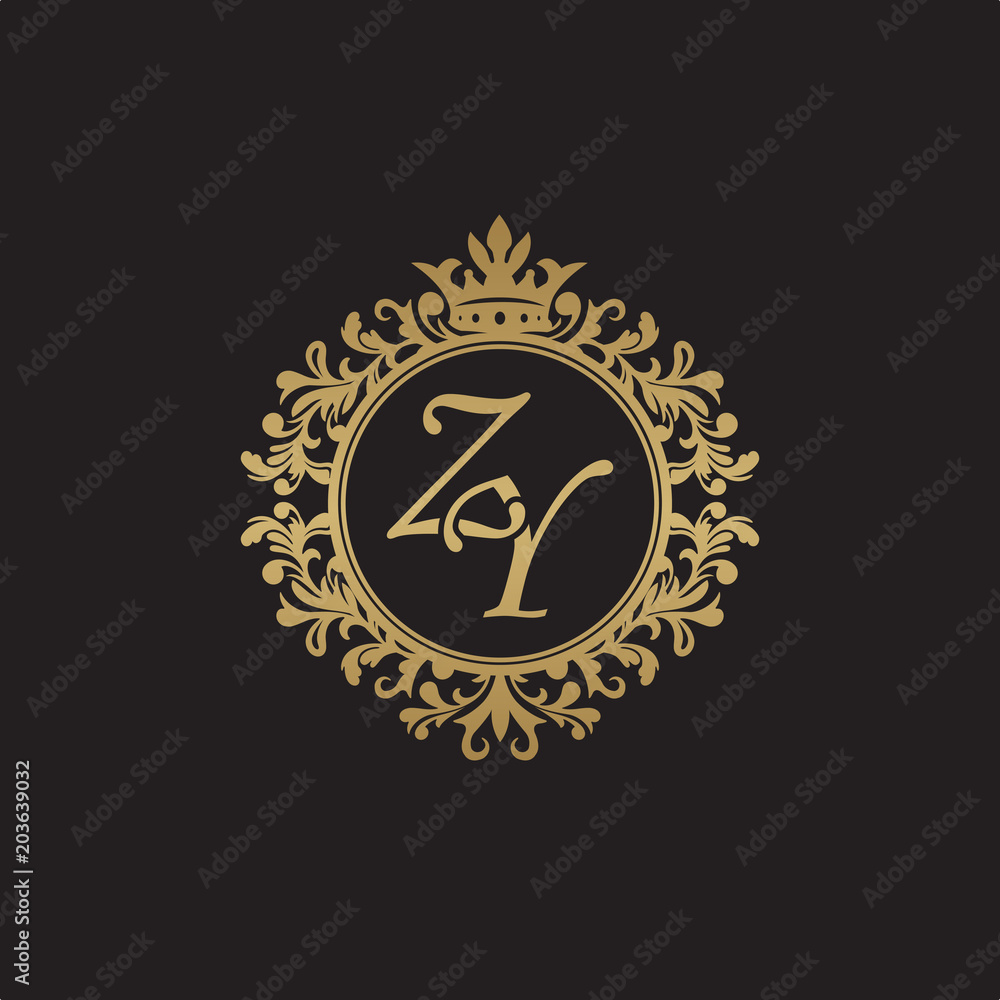 Initial letter ZY, overlapping monogram logo, decorative ornament badge, elegant luxury golden ...