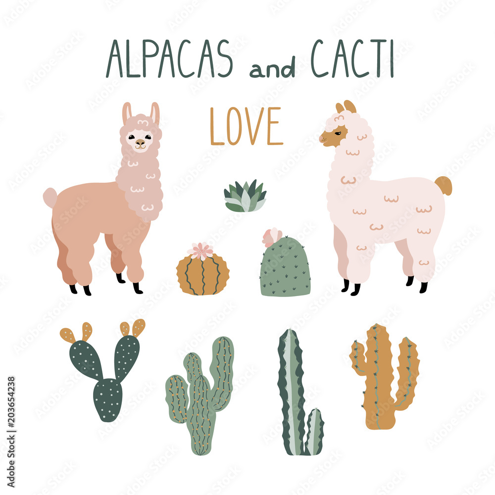 Cute cartoon Alpacas and Cacti Design Elements. Vector clipart. Stock ...