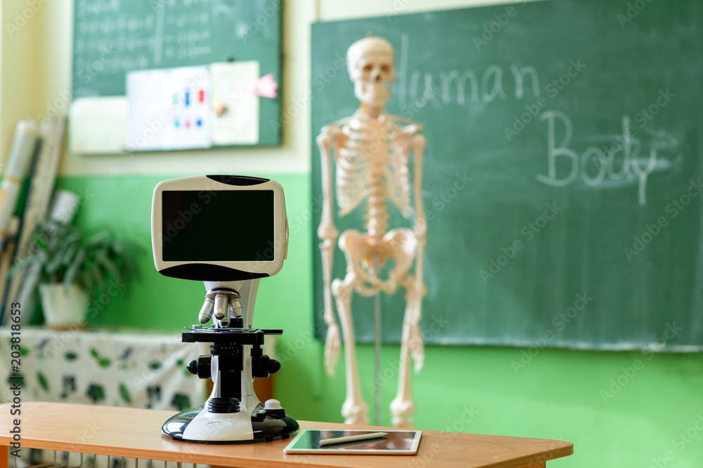 Biology classroom. Artificial human body skeleton, student desk with ...