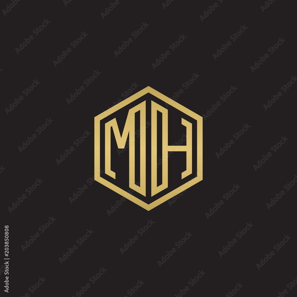 Initial letter MH, minimalist line art hexagon shape logo, gold color ...