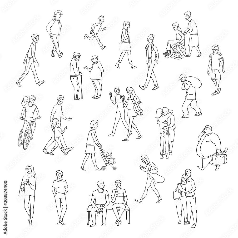 Vector sketch walking people urban residents. Children and adults ...