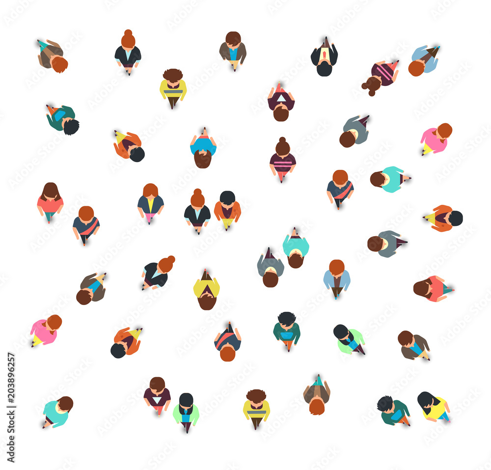 Gathering people group top view, walking men and women, social crowd ...