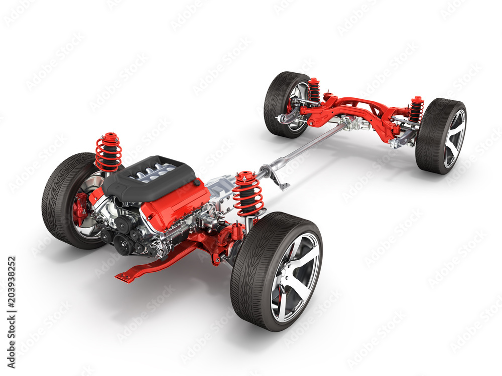 Undercarriage in detail Suspension of the car with wheel and engine ...