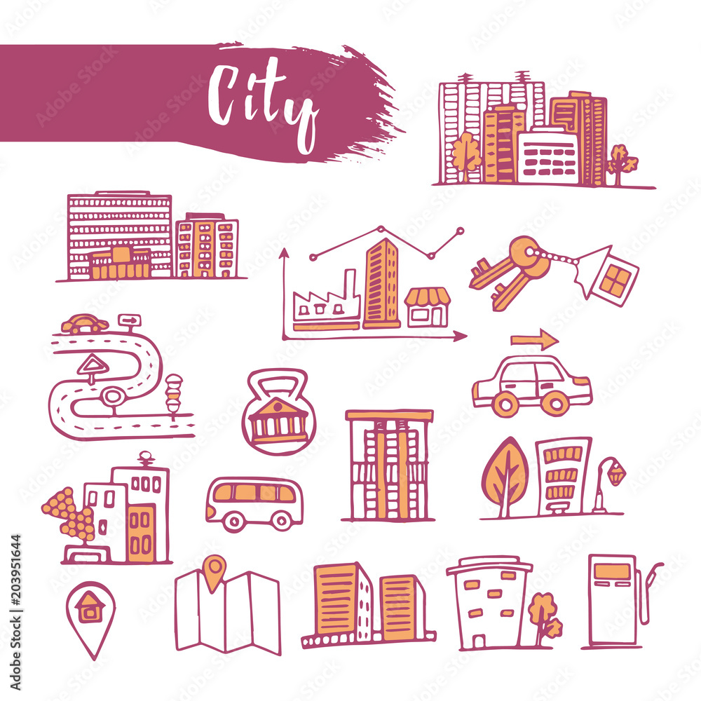 Outline sketched icons set urban theme. Line art city. Pencil drawing ...