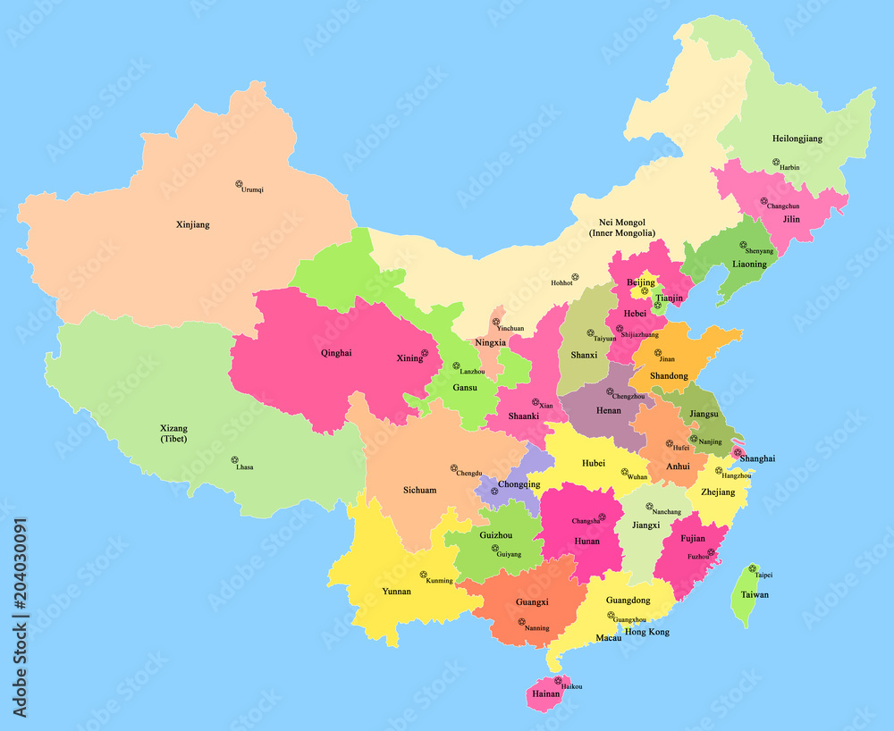 Map of China showing provinces, capitals isolate on blue background ...