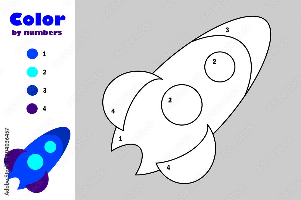 Rocket in cartoon style, color by number, education paper game for the ...