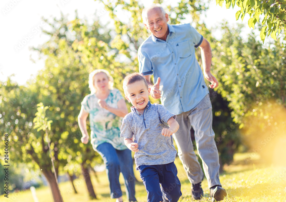 Grandparents with grandson enjoying time together in park. Stock Photo ...
