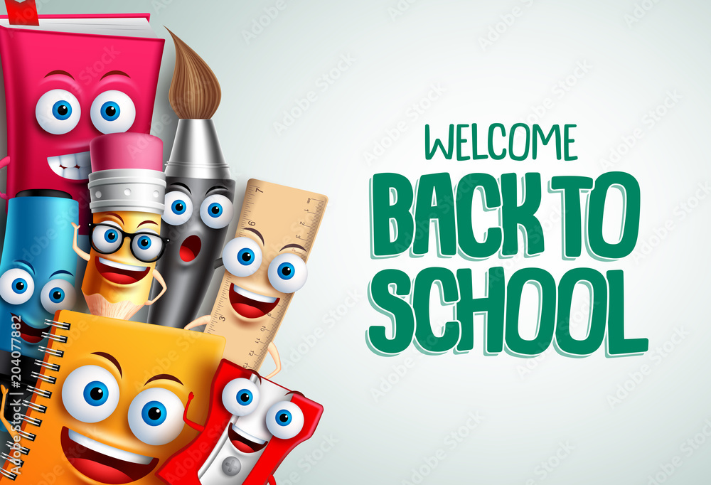 School characters vector education background. Back to school text in ...