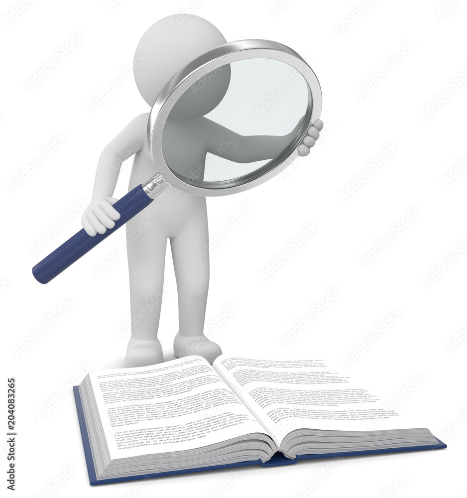 3d Männchen mit Lupe und Buch Stock Illustration | Adobe Stock