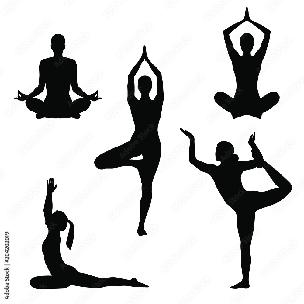 Set symbols yoga poses. Women silhouettes in different poses yoga ...