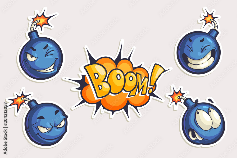 Vector set of cool stickers with cartoon bombs and Boom lettering. Hand ...