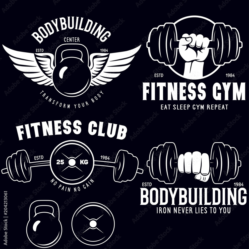 Set of monochrome fitness emblems, labels, badges, logos and designed ...