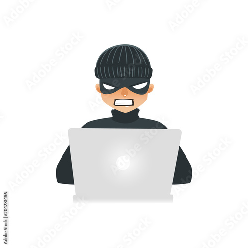 Hacker in black clothes and mask sitting behind laptop and stealing ... Hacker in black clothes and mask sitting behind laptop and stealing ...