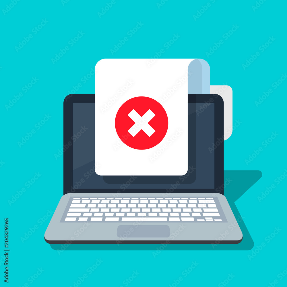 Document and cross vector icon on laptop background. Concept or ...