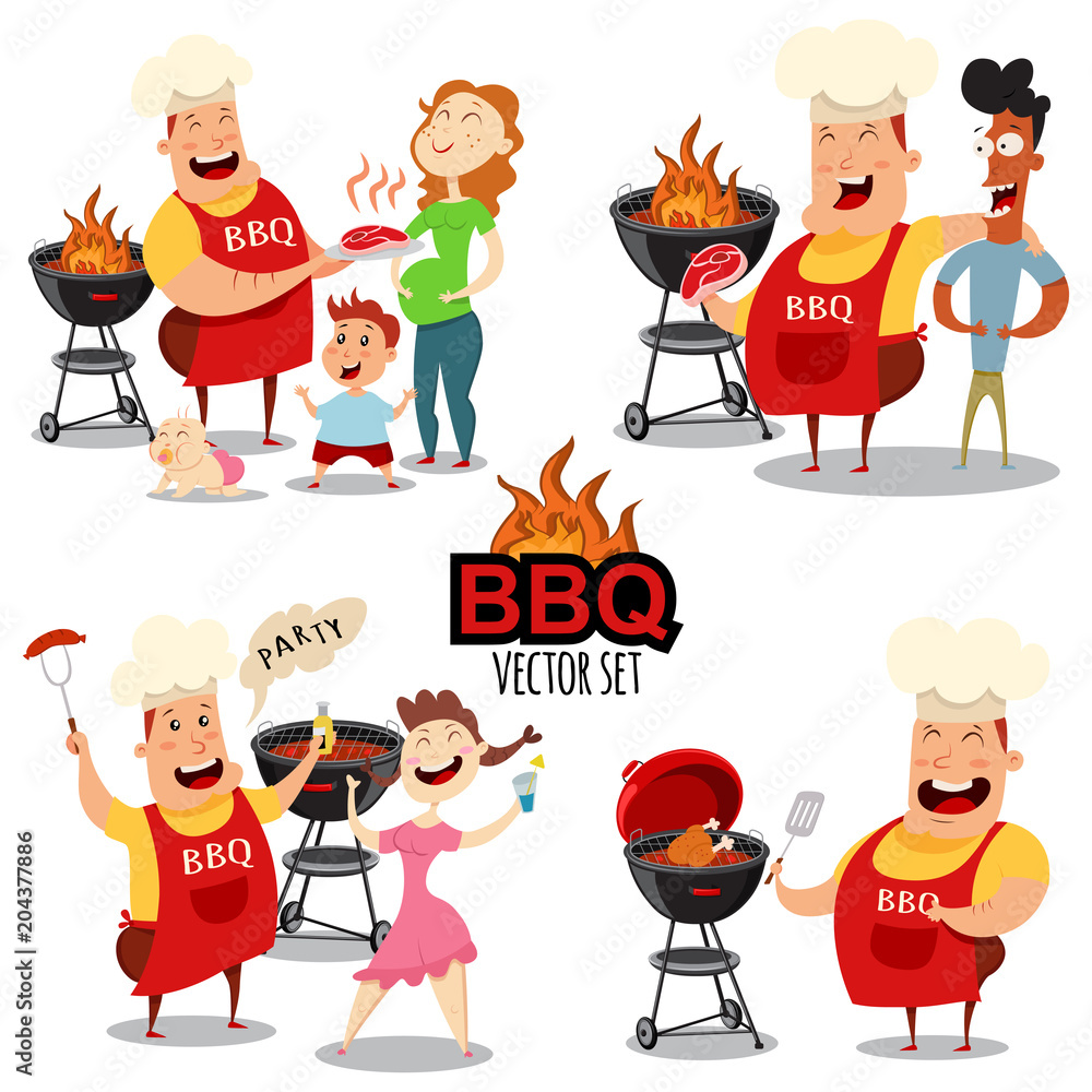 Barbecue people vector set for bbq party and picnic. Cartoon character ...
