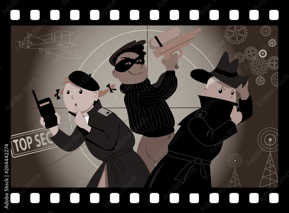Three kids playing secret agents in an old movie frame, EPS 8 vector ...