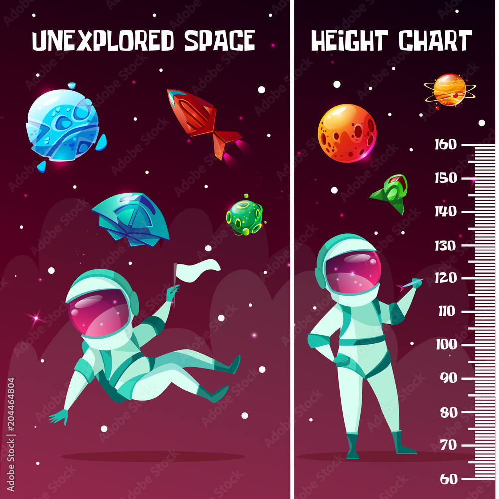 Vector height chart in space style with astronauts playing darts ...