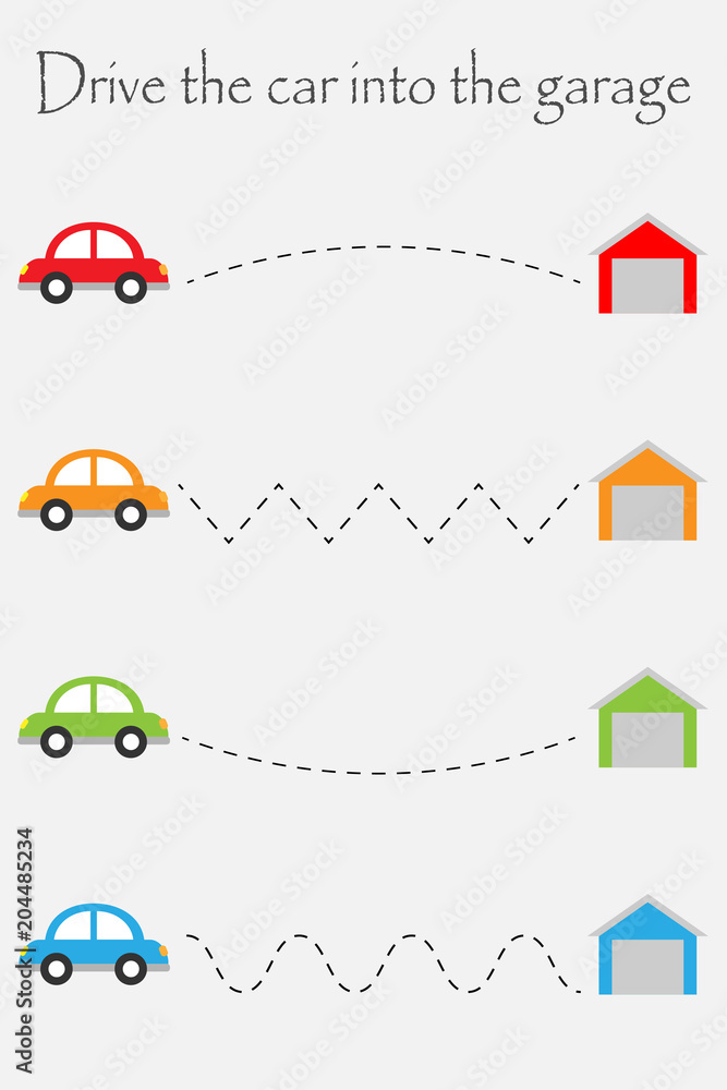 Drive cars to garages, handwriting practice sheet, kids preschool ...