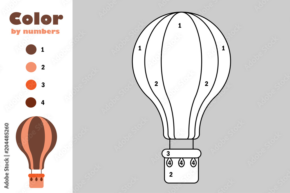 Air balloon in cartoon style, color by number, education paper game for ...