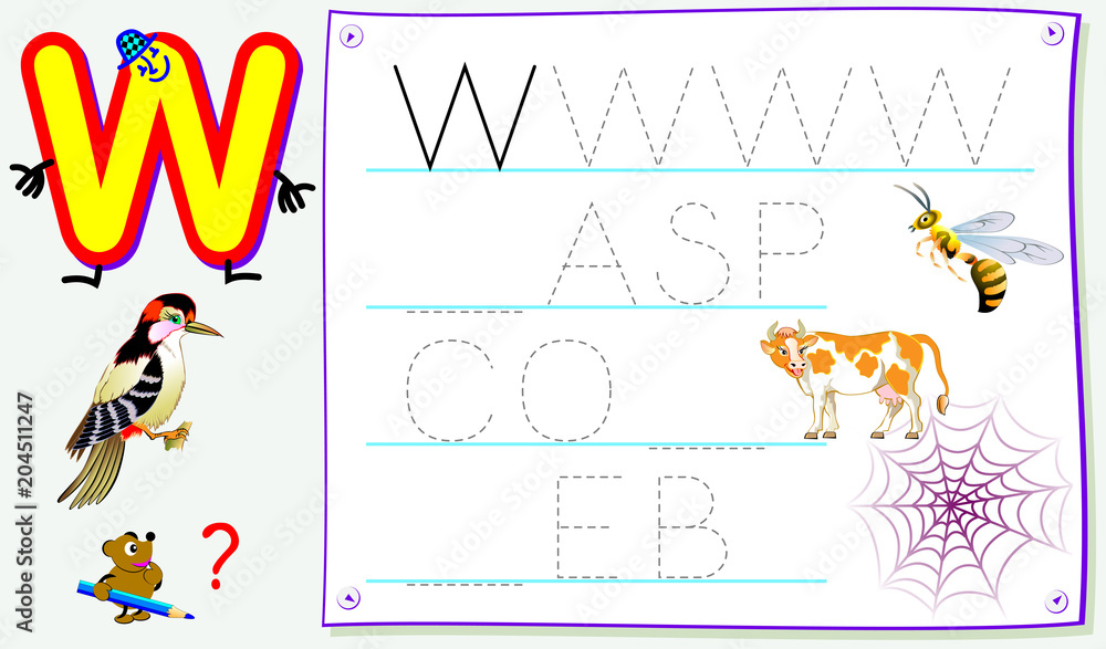 Educational page for young children with letter W for study English ...