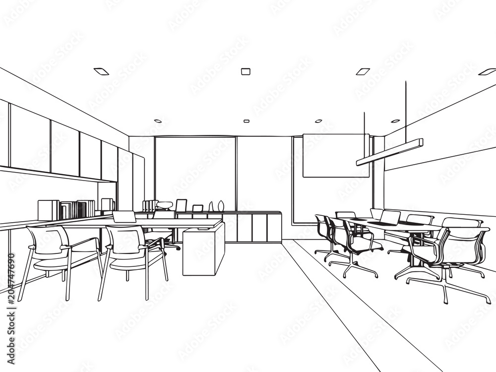 interior outline sketch drawing perspective office Stock Vector | Adobe ...