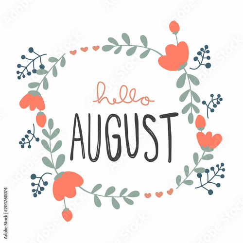 Hello August cute flower wreath vector illustration doodle style Stock ...