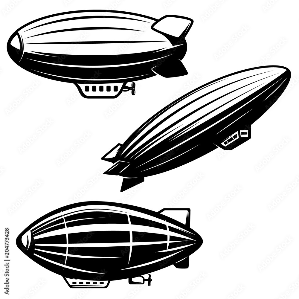 Set of aerostat illustrations on white background. airships zeppelins ...
